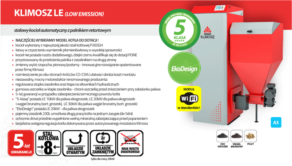 KOCIOŁ PIEC NA EKOGROSZEK Klimosz LE 10 kW 5 KLASA - 7382404131 ...
